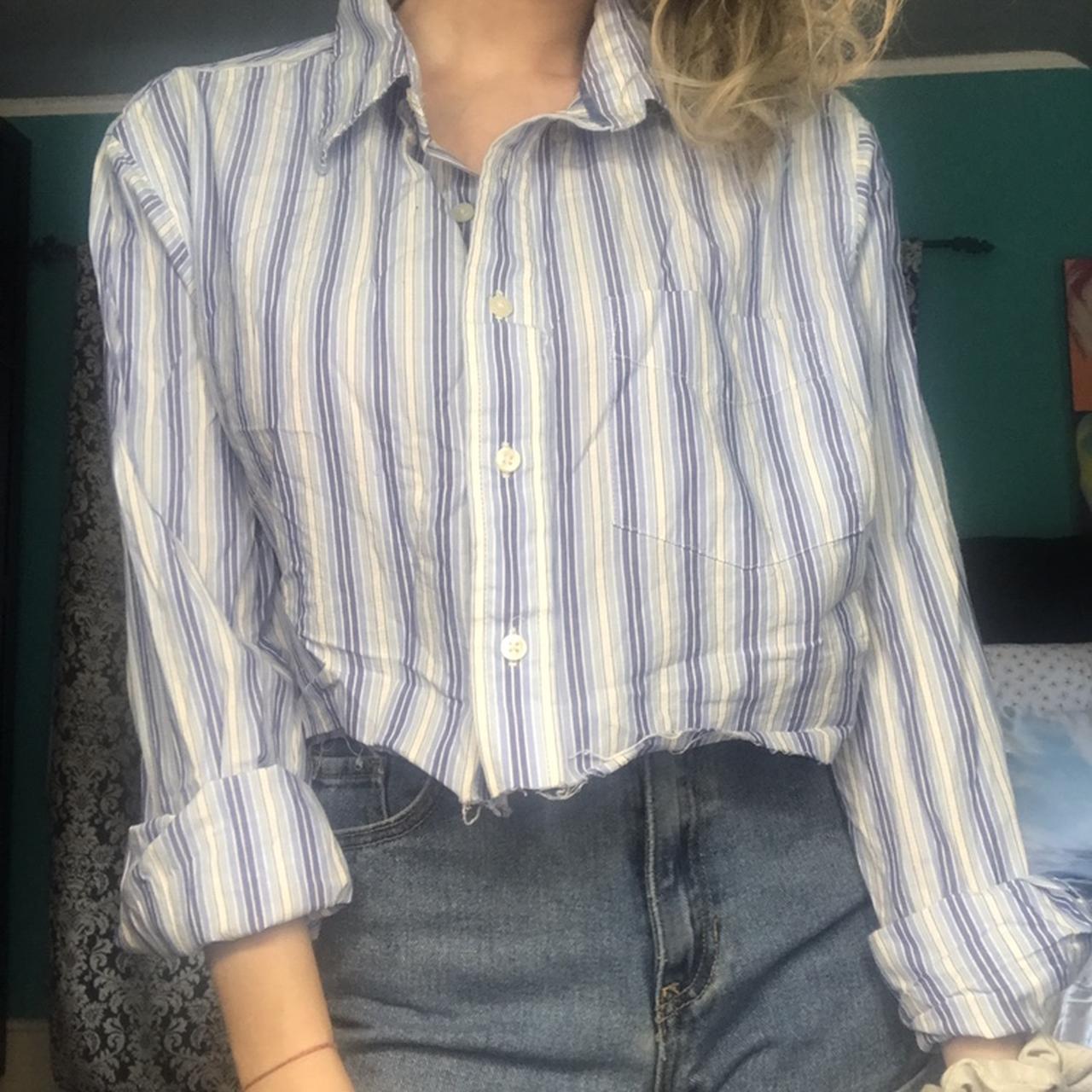 Cropped button down striped work shirt Raw hem, was... - Depop
