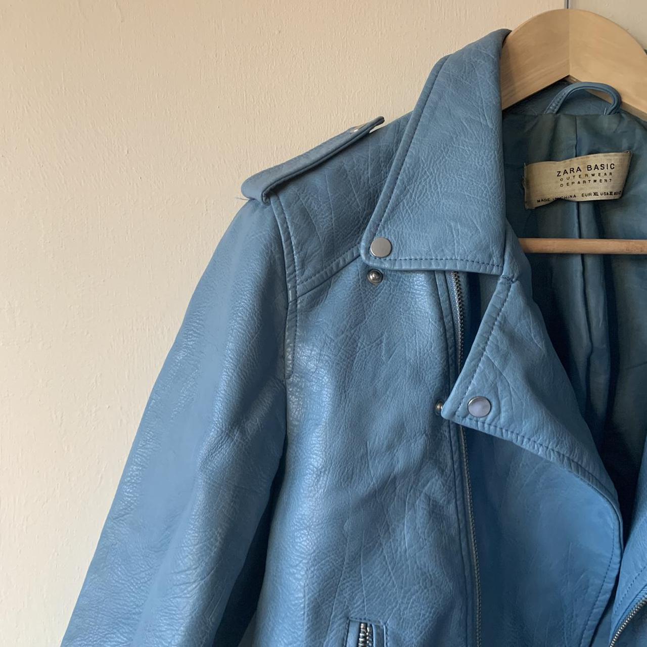 Blue leather jacket Zara size XL - Depop