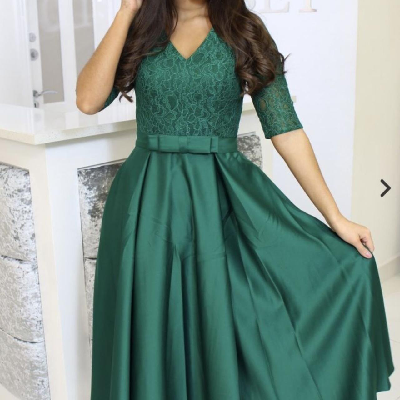 GREEN LACE SKATER TOP DRESS V neck neckline Lace... - Depop