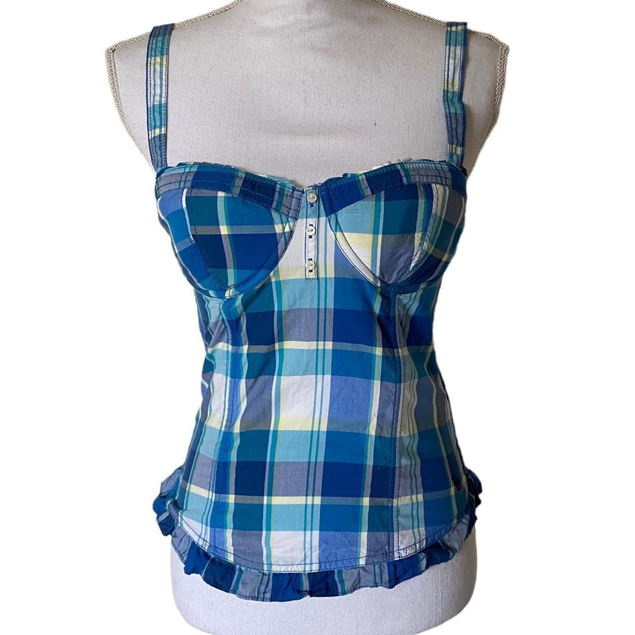 Vintage y2k 2000s plaid blue corset top, top has... - Depop