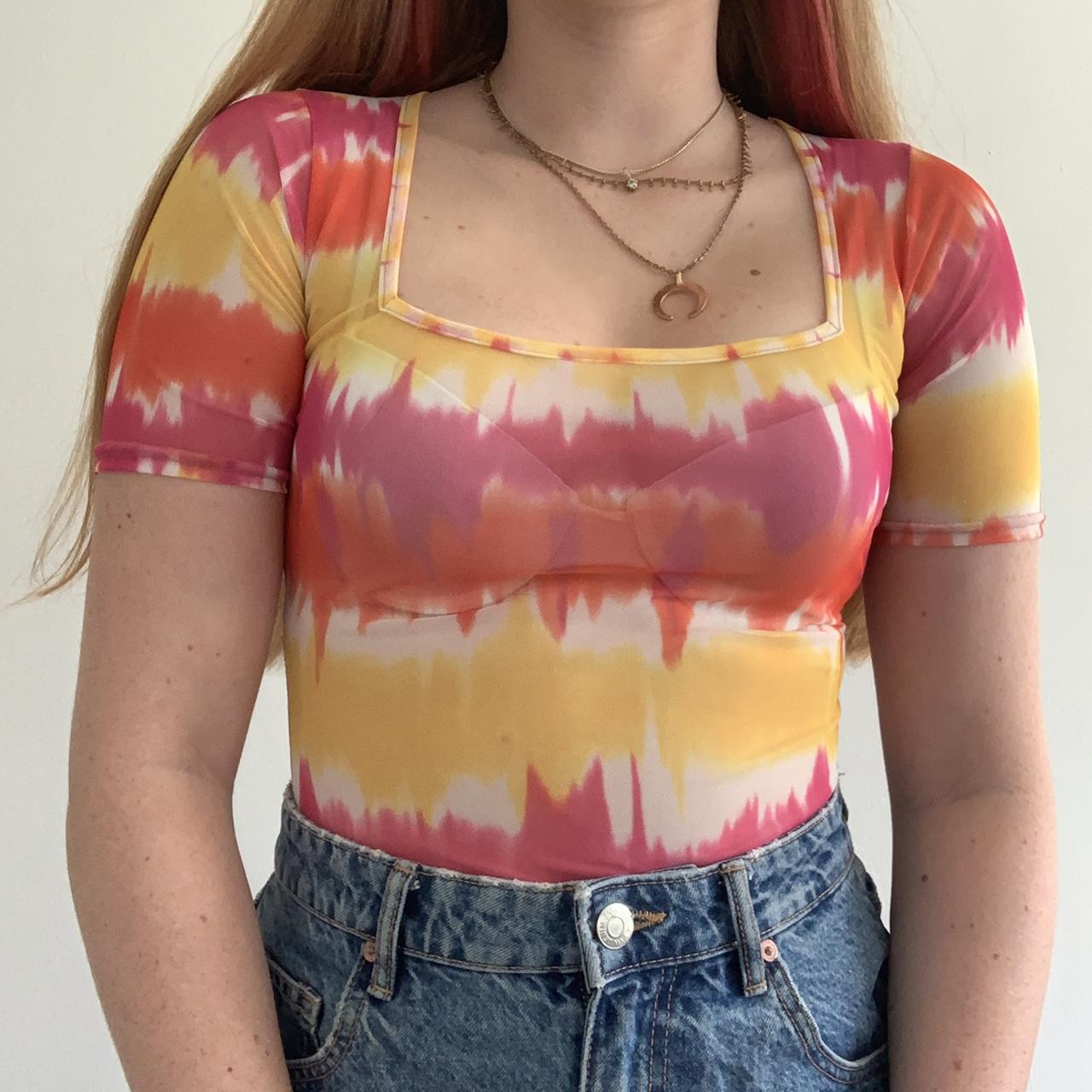 sheer tie dye pink bodysuit size 8 never been... - Depop