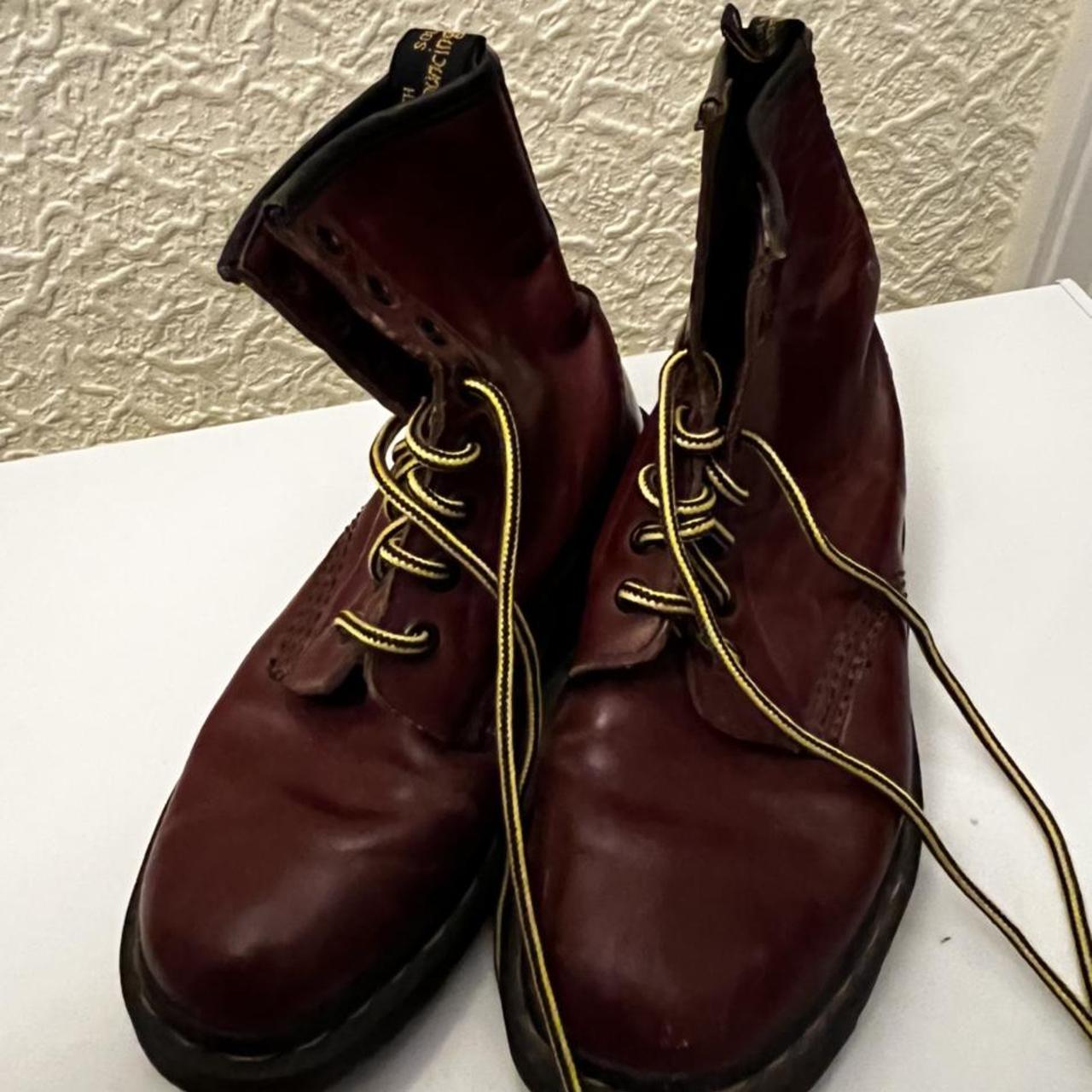 Cherry red Doc Martens, size 4. Well loved with... - Depop