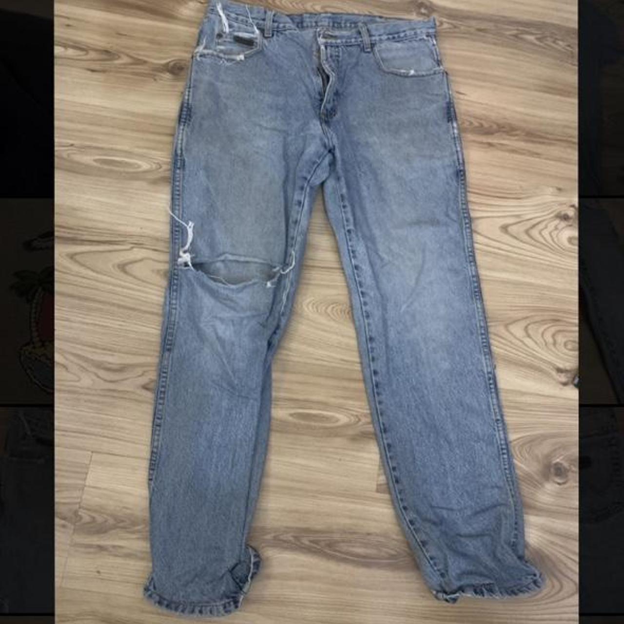 Vintage wrangler jeans with ripped knee hole - fit... - Depop