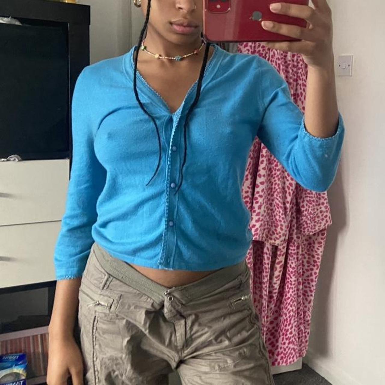 Blue button up cardigan with sheer lace back Wolf... - Depop