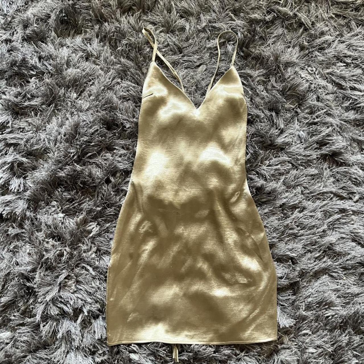 Gold satin mini body on dress with lace up back!... - Depop