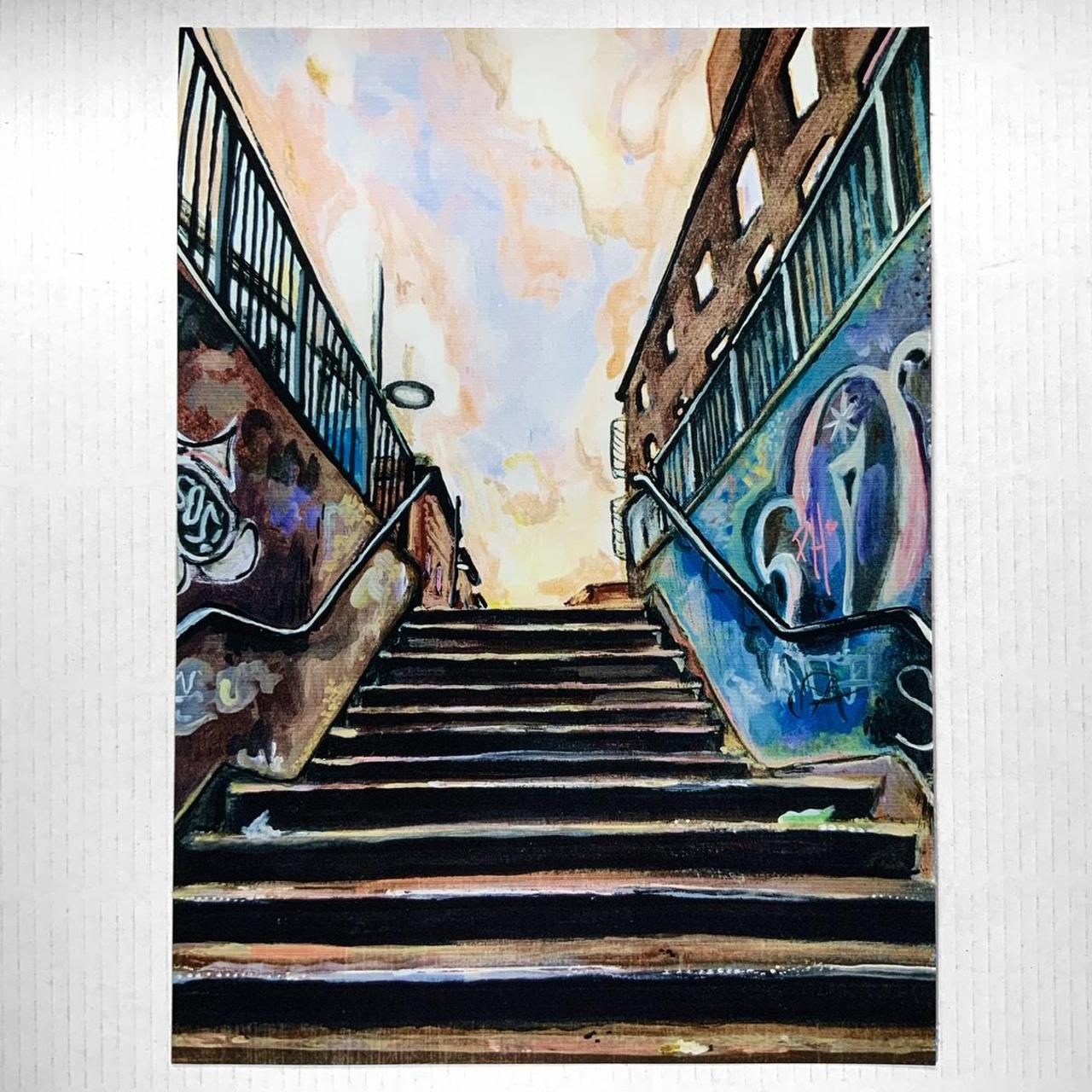 -subway stairs- traditional gouache + acrylic scene... - Depop