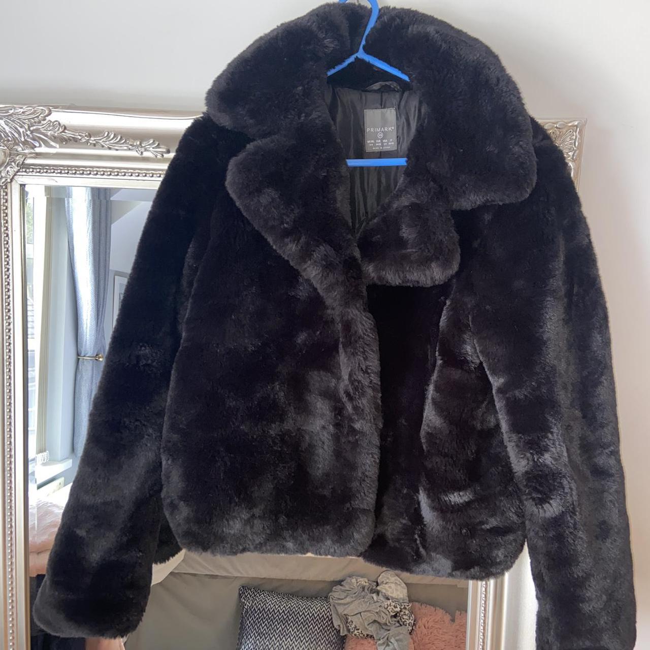 Primark black faux fur jacket/coat UK size XS -... - Depop