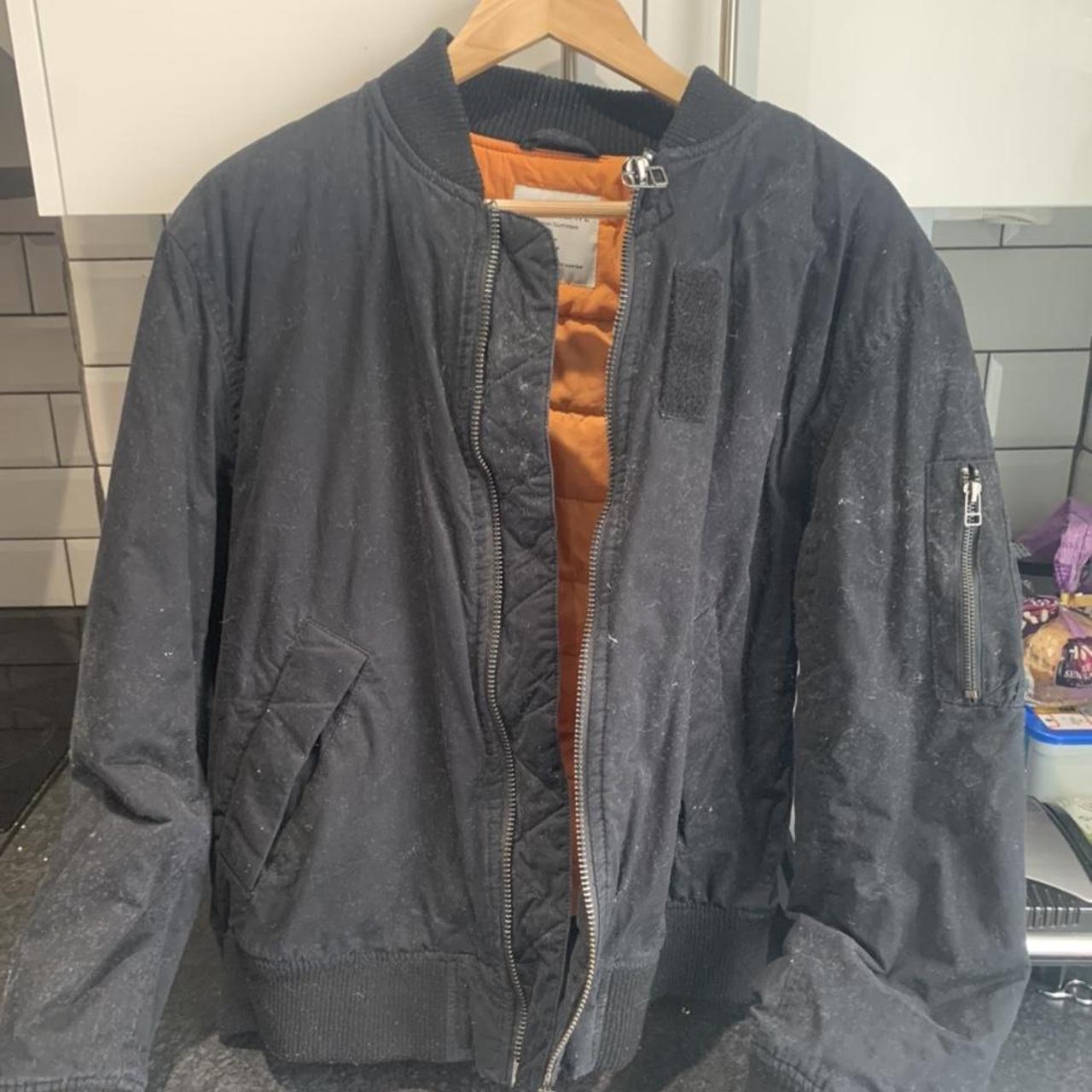 Black bomber jacket with orange interior size... - Depop