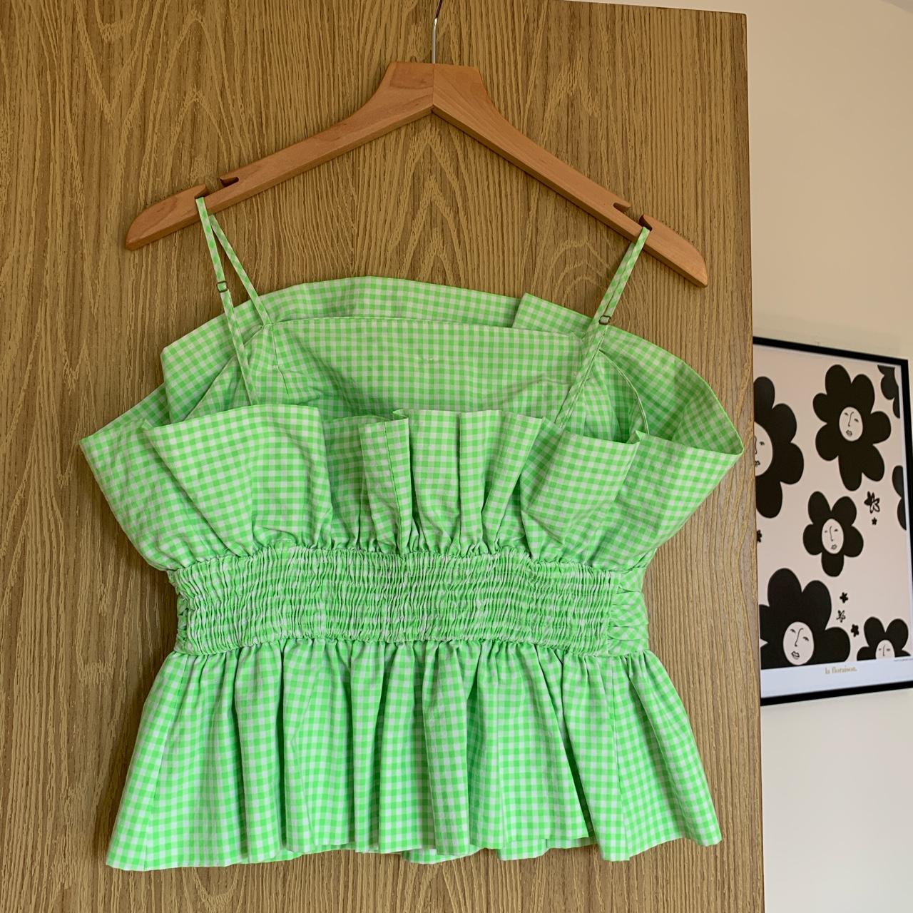 Neon green/ white gingham ruffle top with thin... - Depop