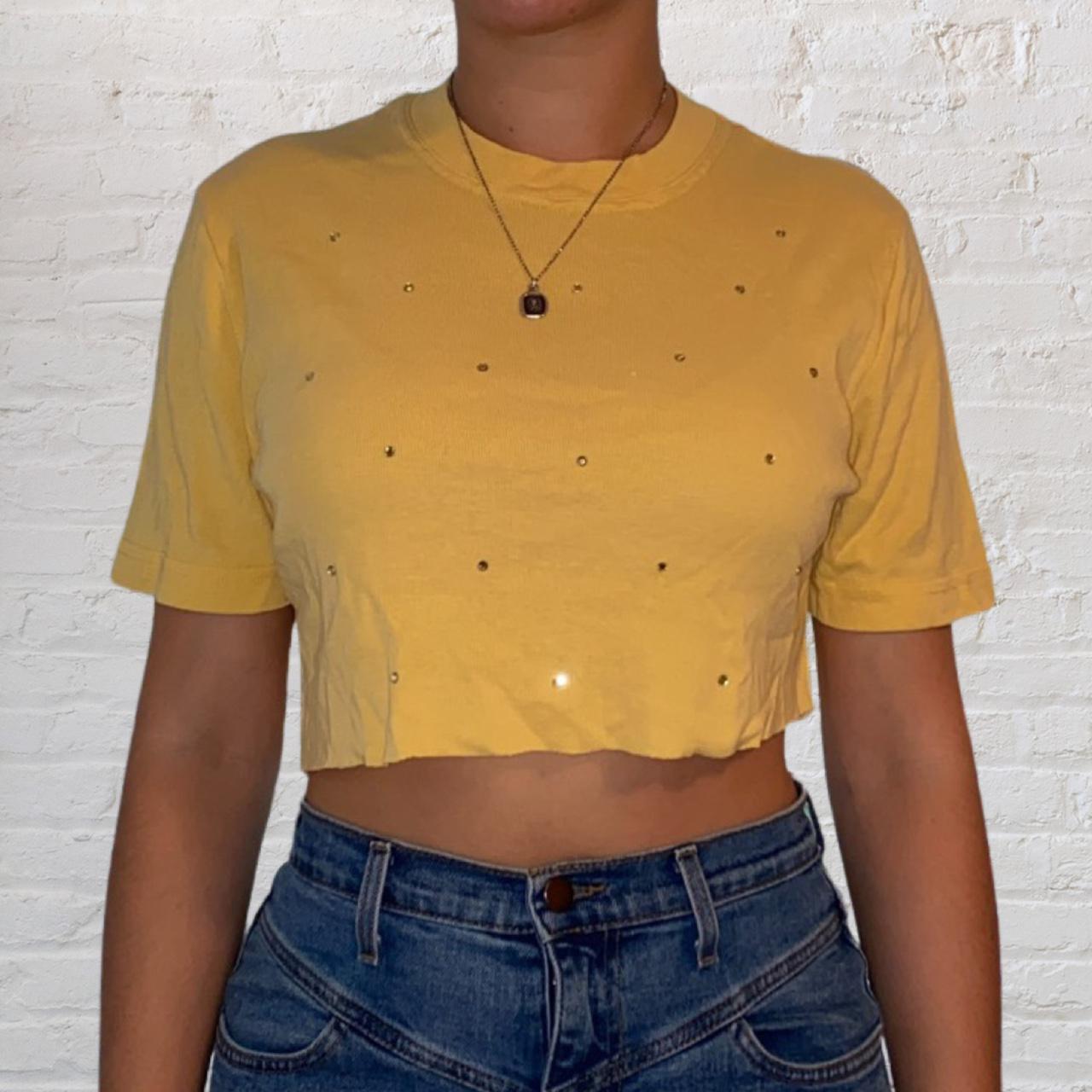 Super cute yellow t shirt with sparkle gems💛 cropped... - Depop