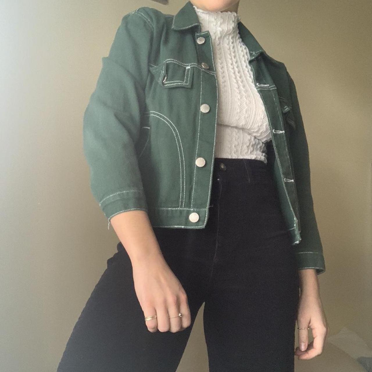 Dark green cropped UNIF button up Shacket with white... - Depop