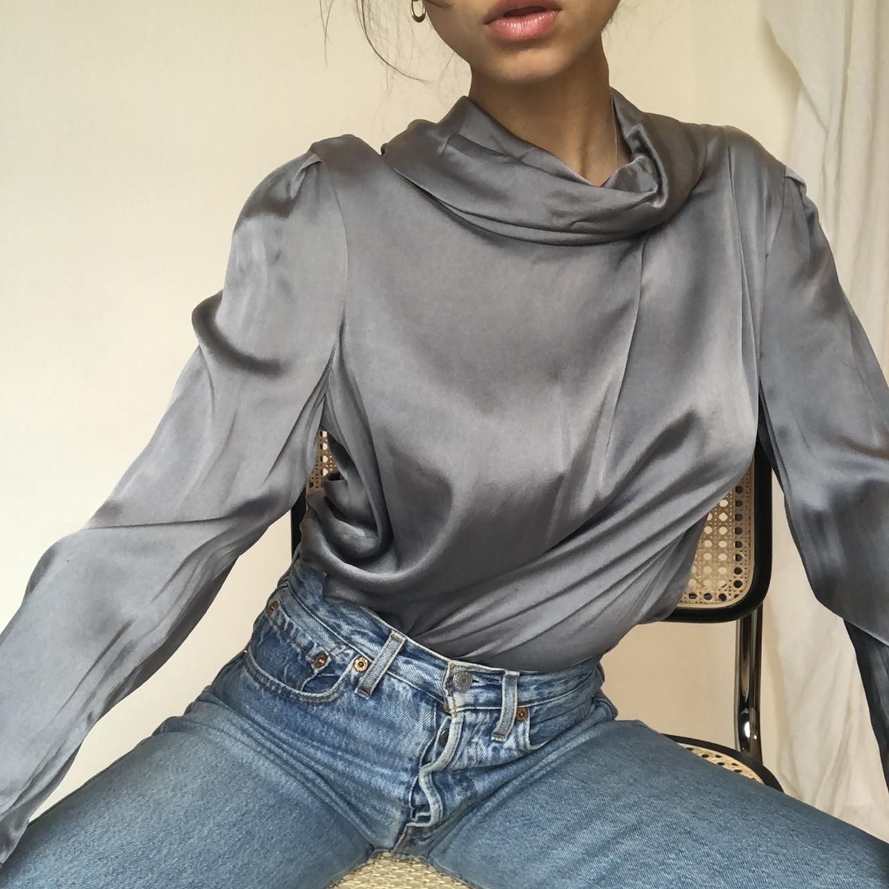 100% silk cowl neck blouse Charcoal grey Superb... - Depop