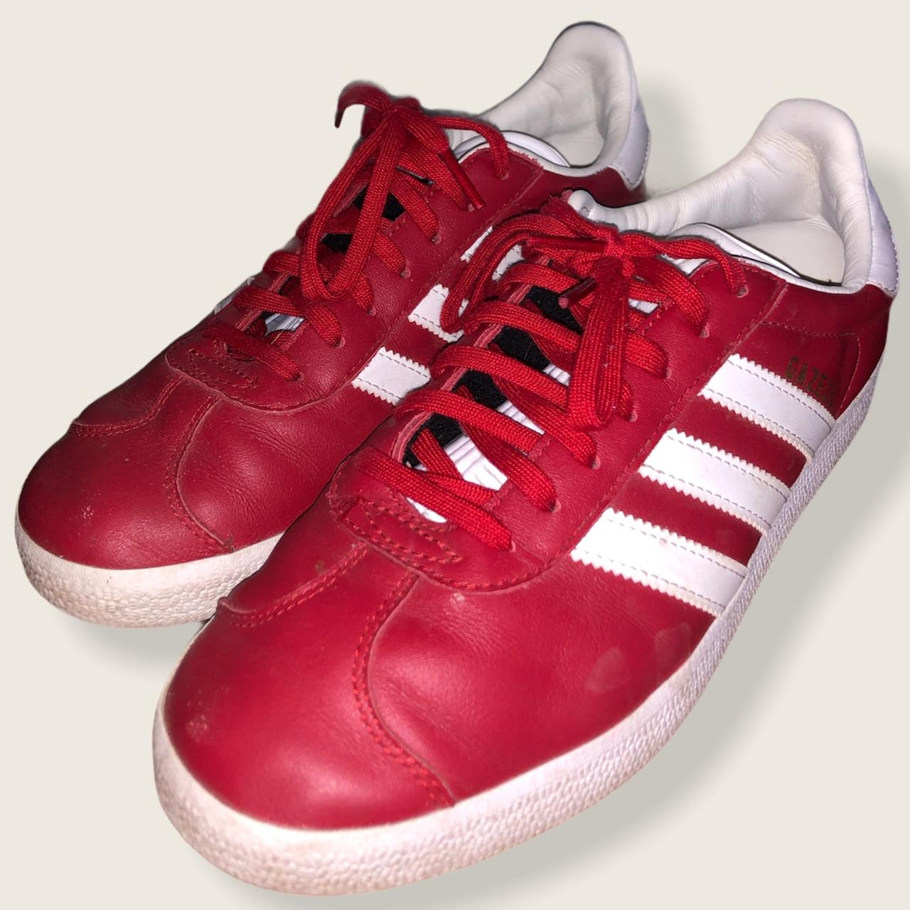 Cherry red leather adidas gazelles. Only worn a... - Depop
