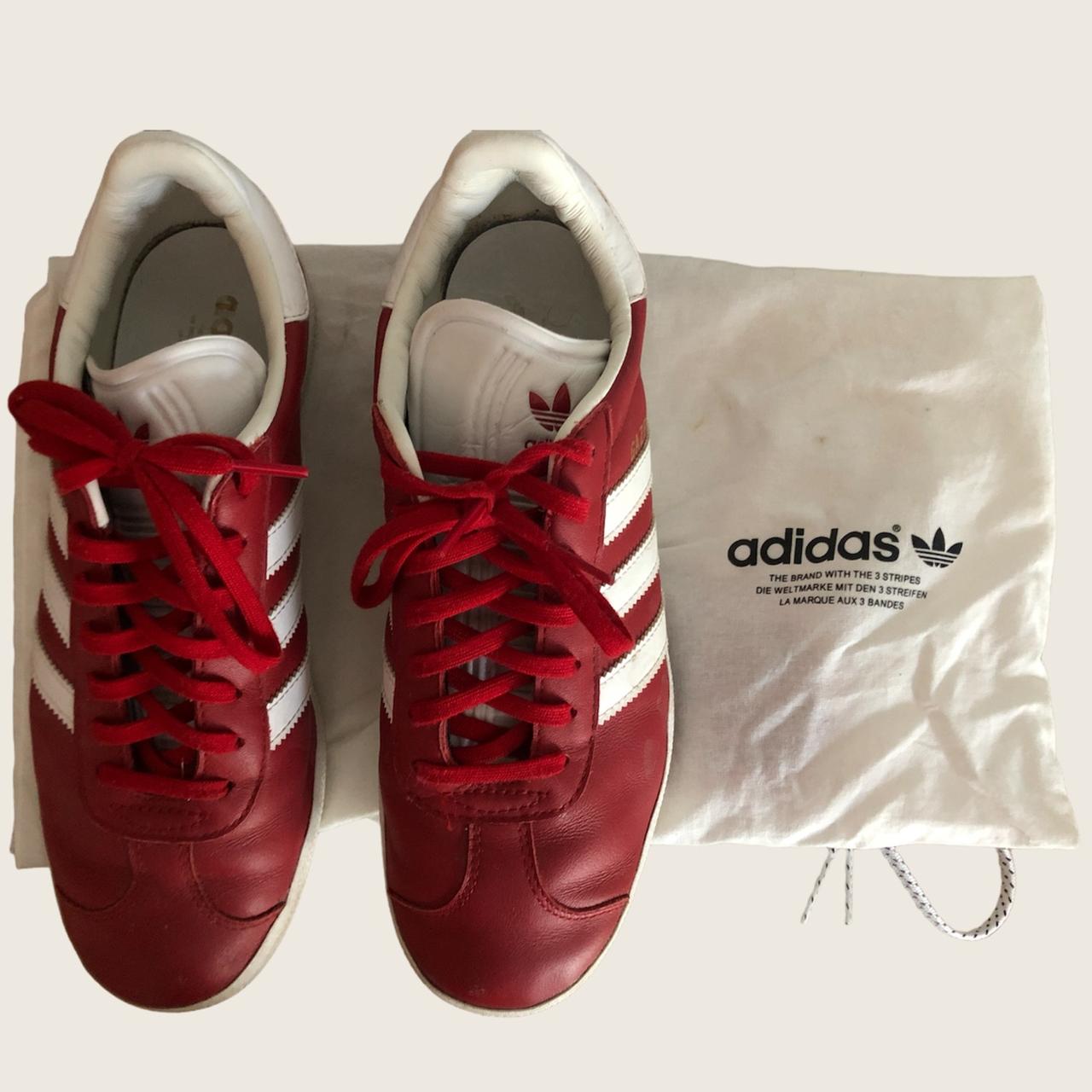 Cherry red leather adidas gazelles. Only worn a... - Depop