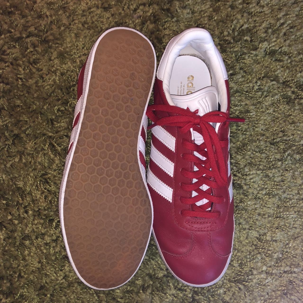 Cherry red leather adidas gazelles. Only worn a... - Depop