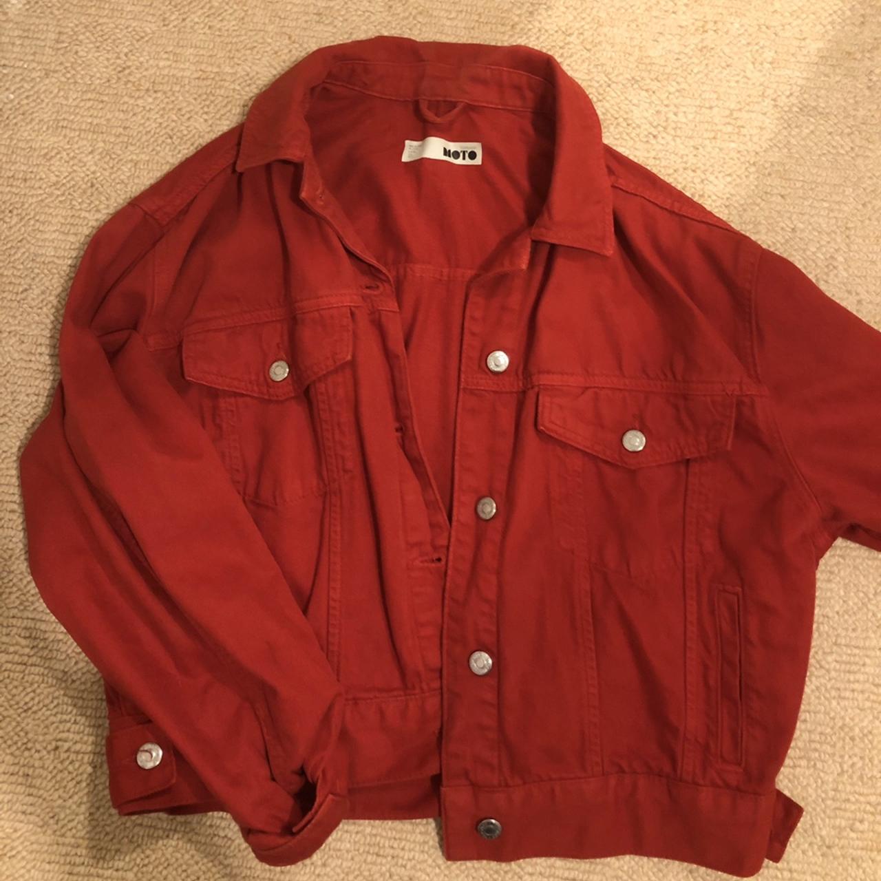 Red denim jacket hardly ever worn and no marks,... - Depop