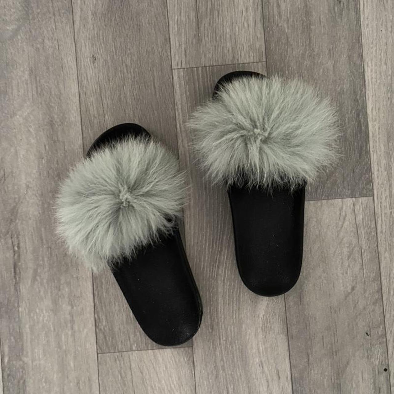 Grey fluffy slides / sliders Good condition Size 3 - Depop