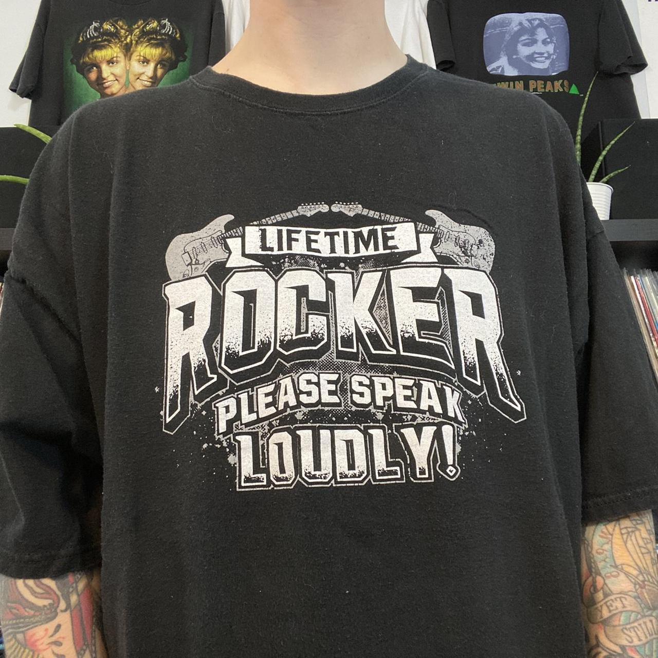 black LIFETIME ROCKER PLEASE SPEAK LOUDLY graphic... - Depop