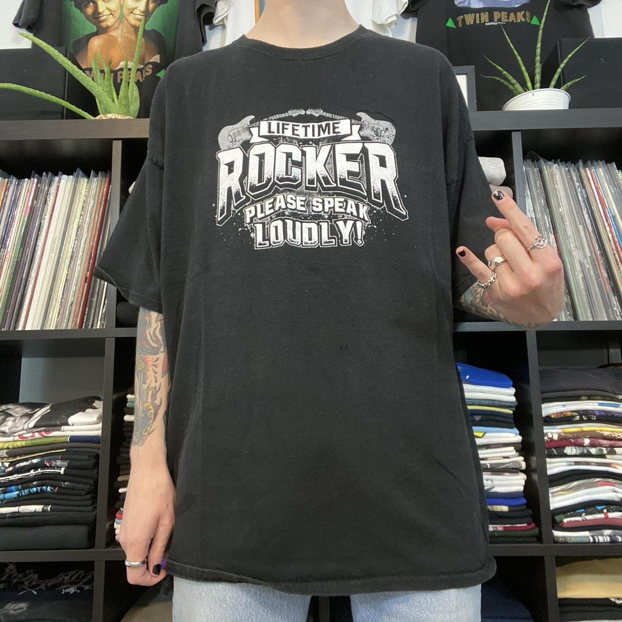 black LIFETIME ROCKER PLEASE SPEAK LOUDLY graphic... - Depop
