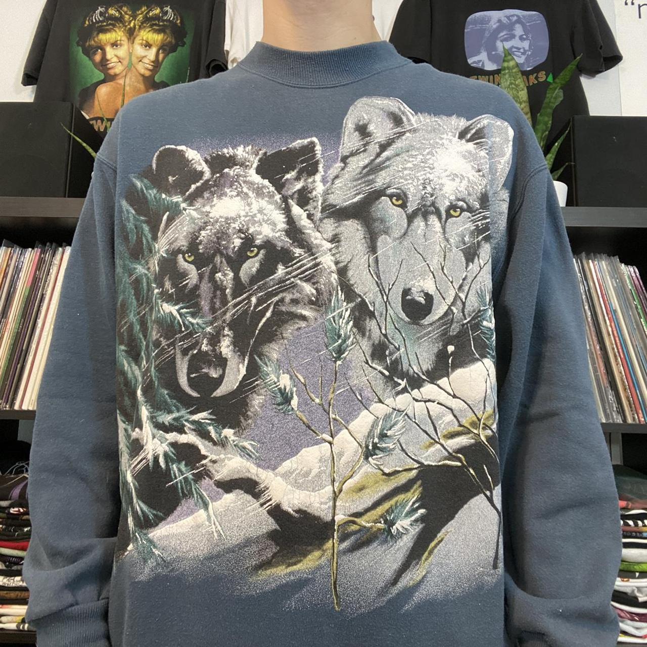 the best vintage 90’s blue aop all over print WOLF... - Depop