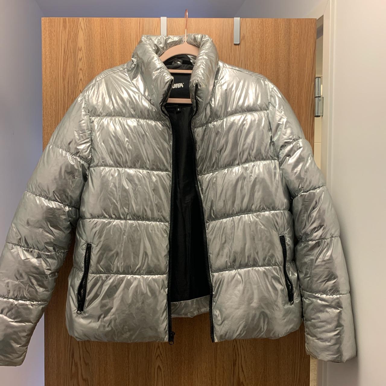 Metallic puffa jacket - Brand Puffa - silver -... - Depop