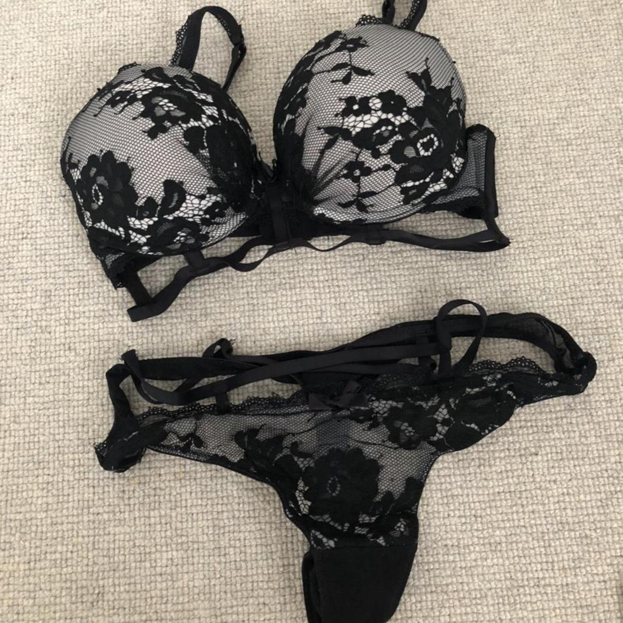 Black and grey lace bra and thong set. Very... - Depop