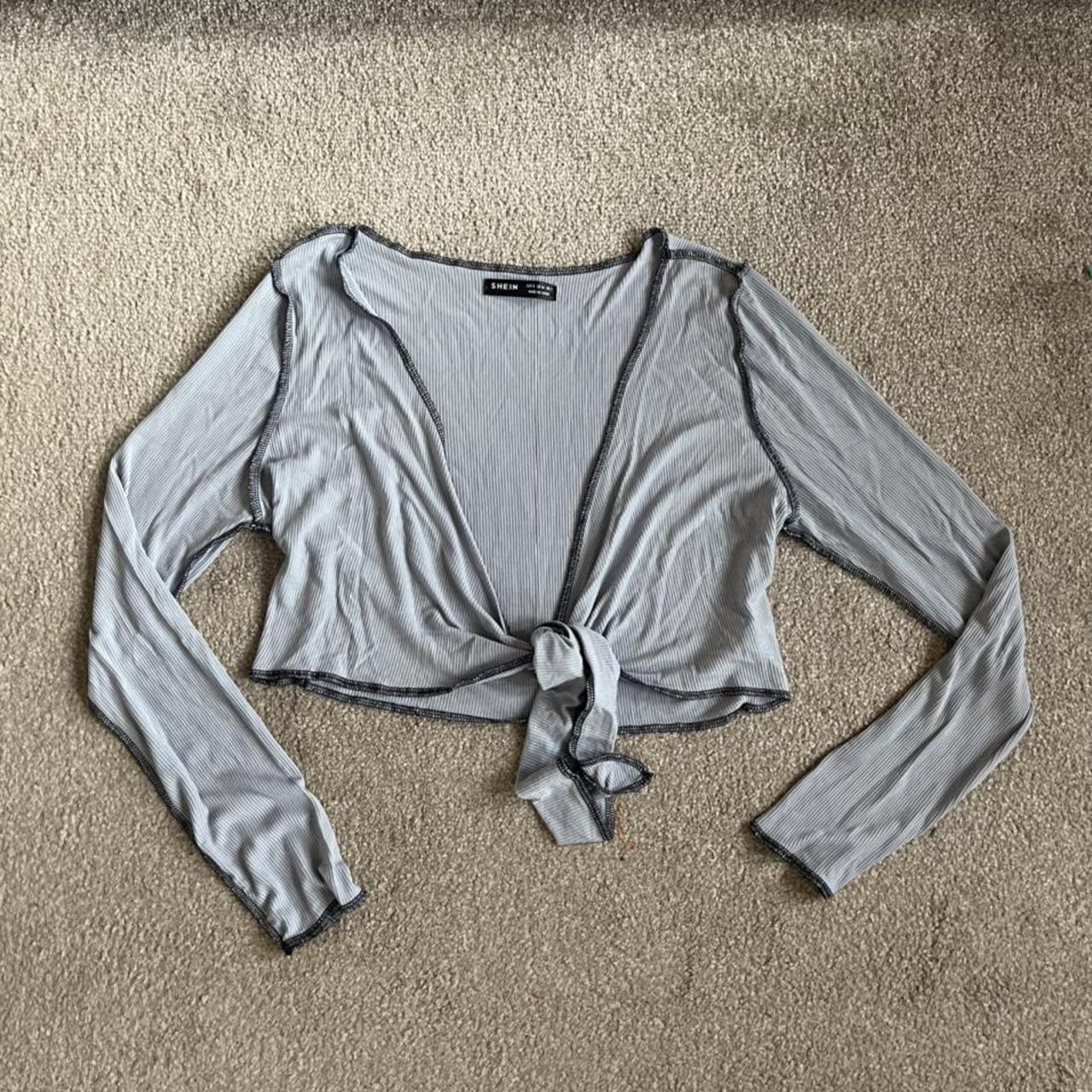 Blue ribbed long sleeved wrap around tie crop top.... - Depop