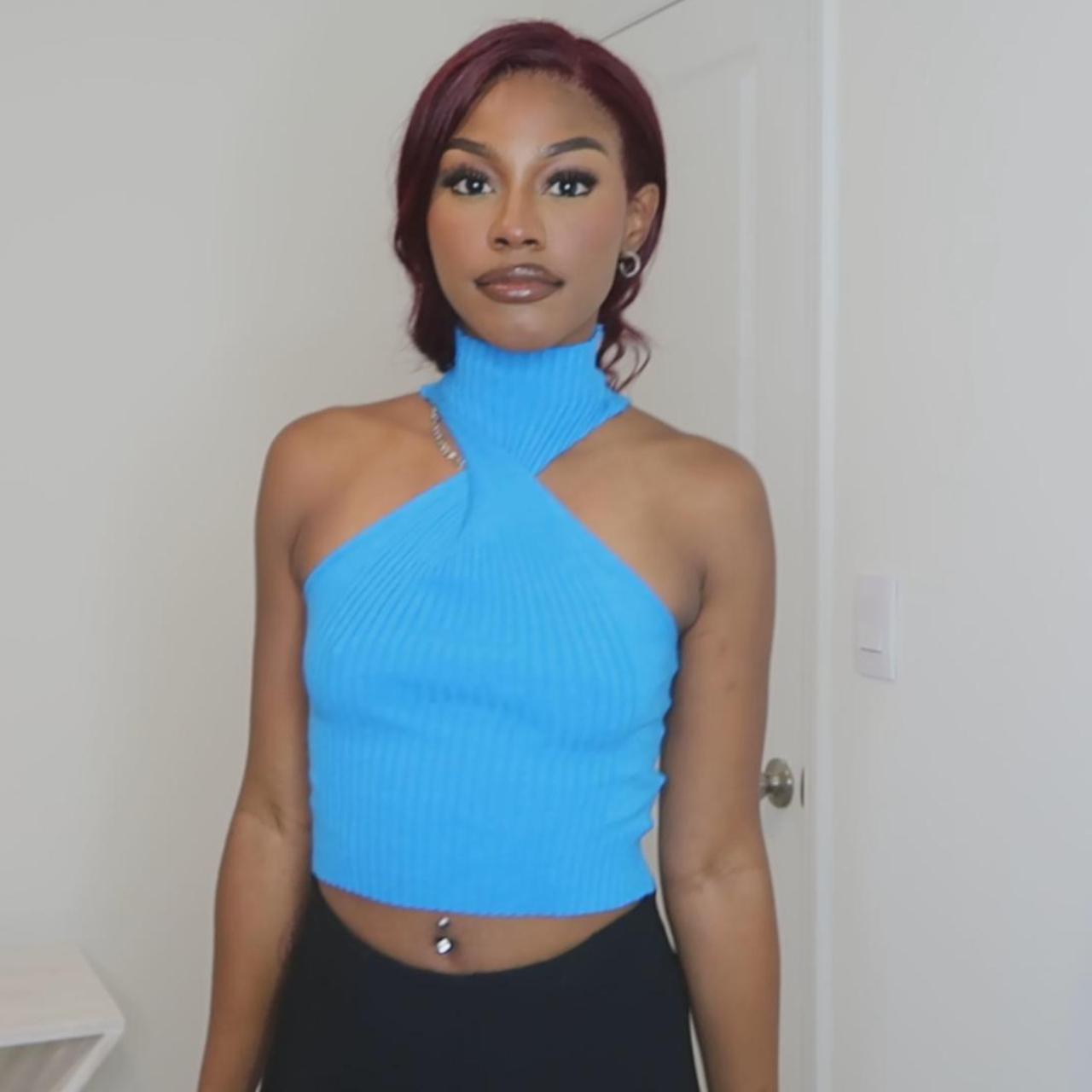 Blue ribbed criss cross mock neckcrop top. Size... - Depop