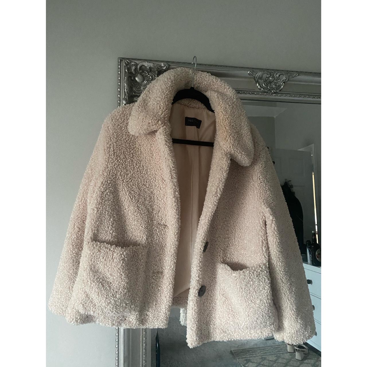 M&S white / cream teddy jacket with collar and black... - Depop