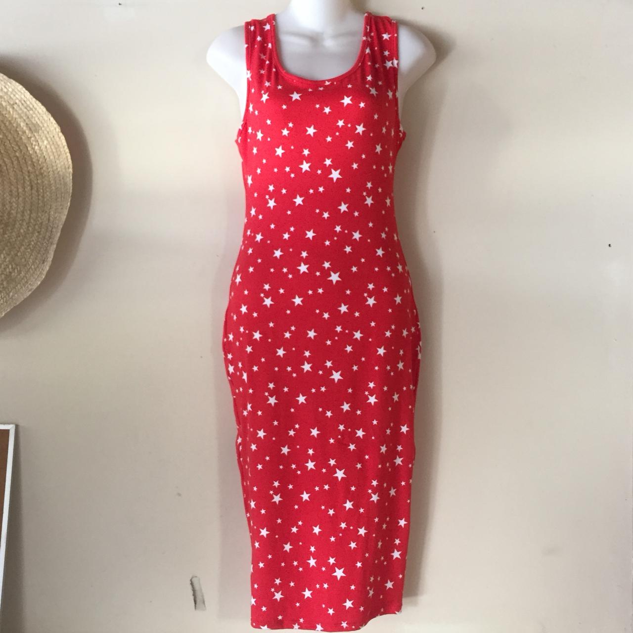 Women’s Red with white stars summer long dress . - Depop