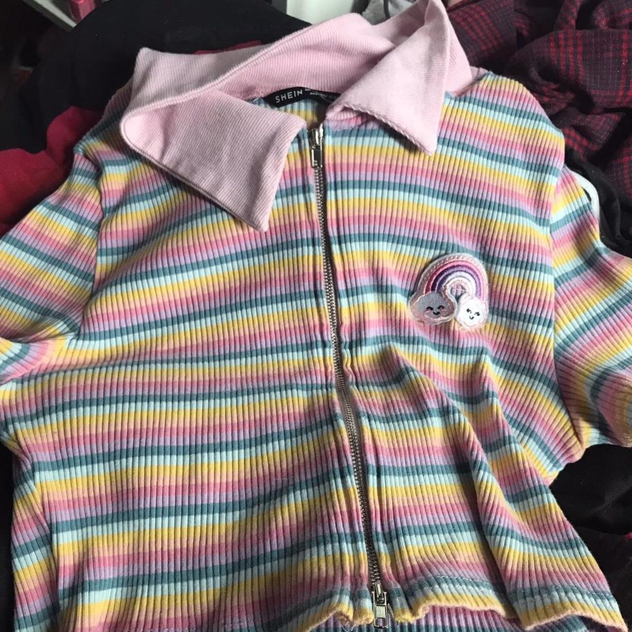 Rainbow crop top with collar and rainbow stitching... - Depop