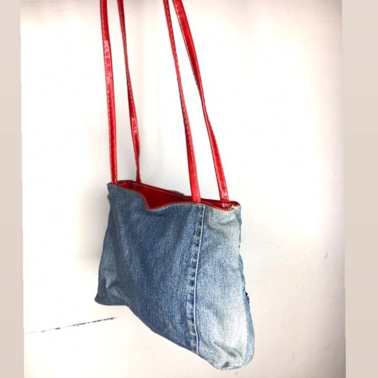Vintage Y2K early 2000s denim Mini bag with long red... - Depop
