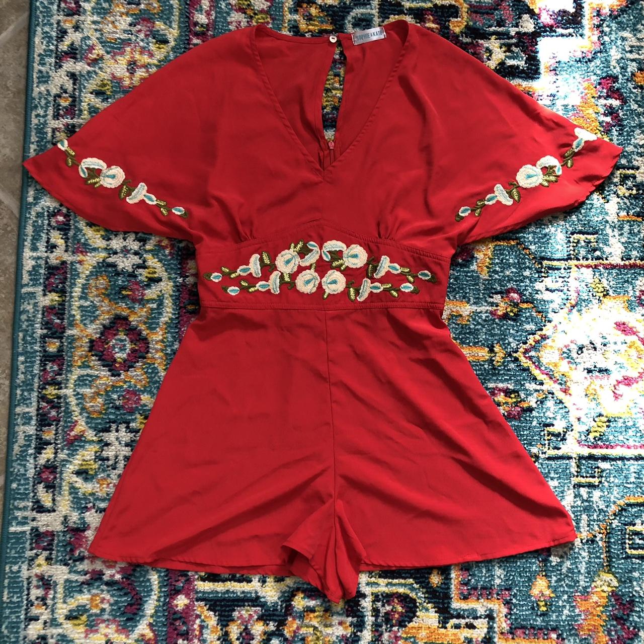 Red embroidered romper Bell sleeves / v neck - Depop