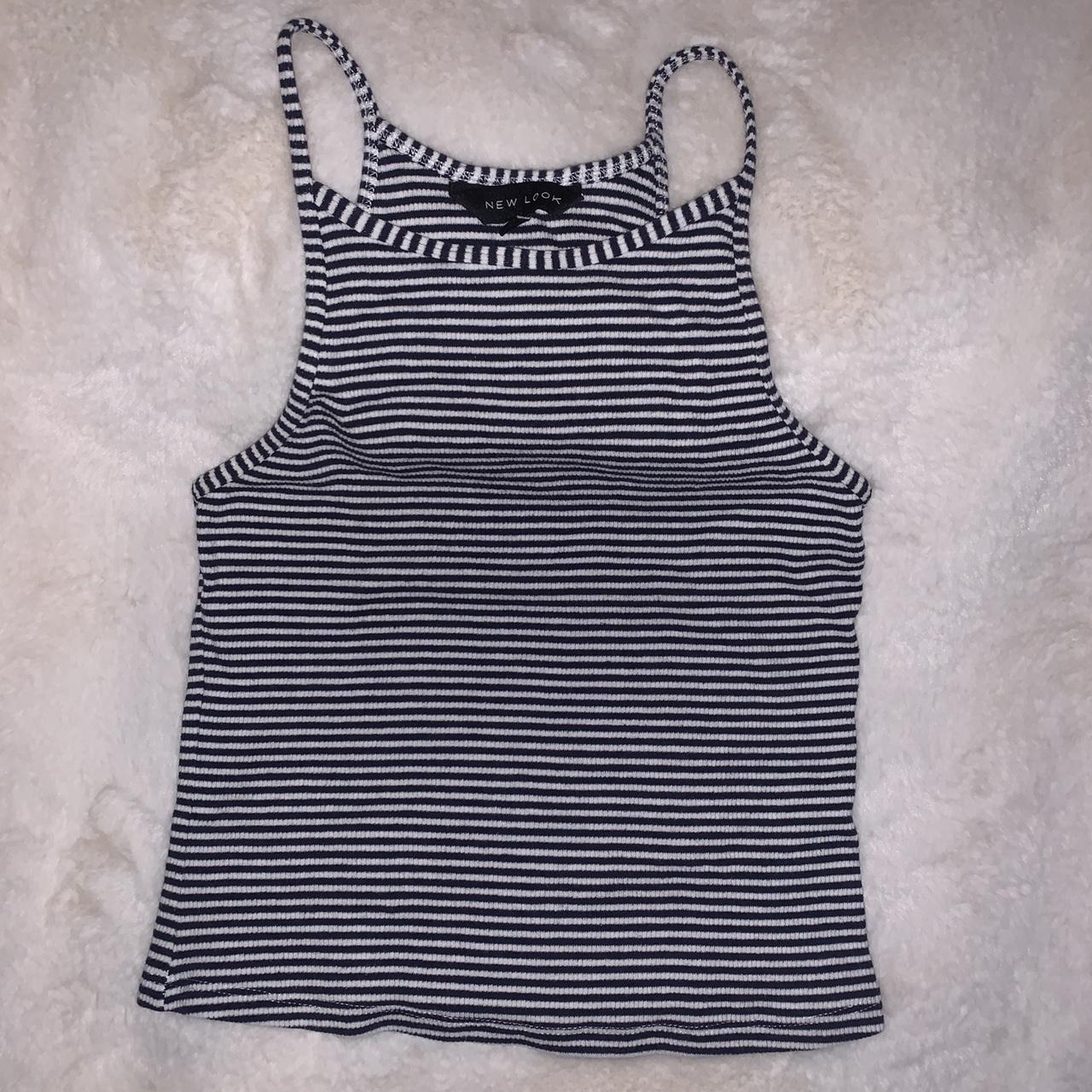 Navy and white striped razorback crop top worn once... - Depop