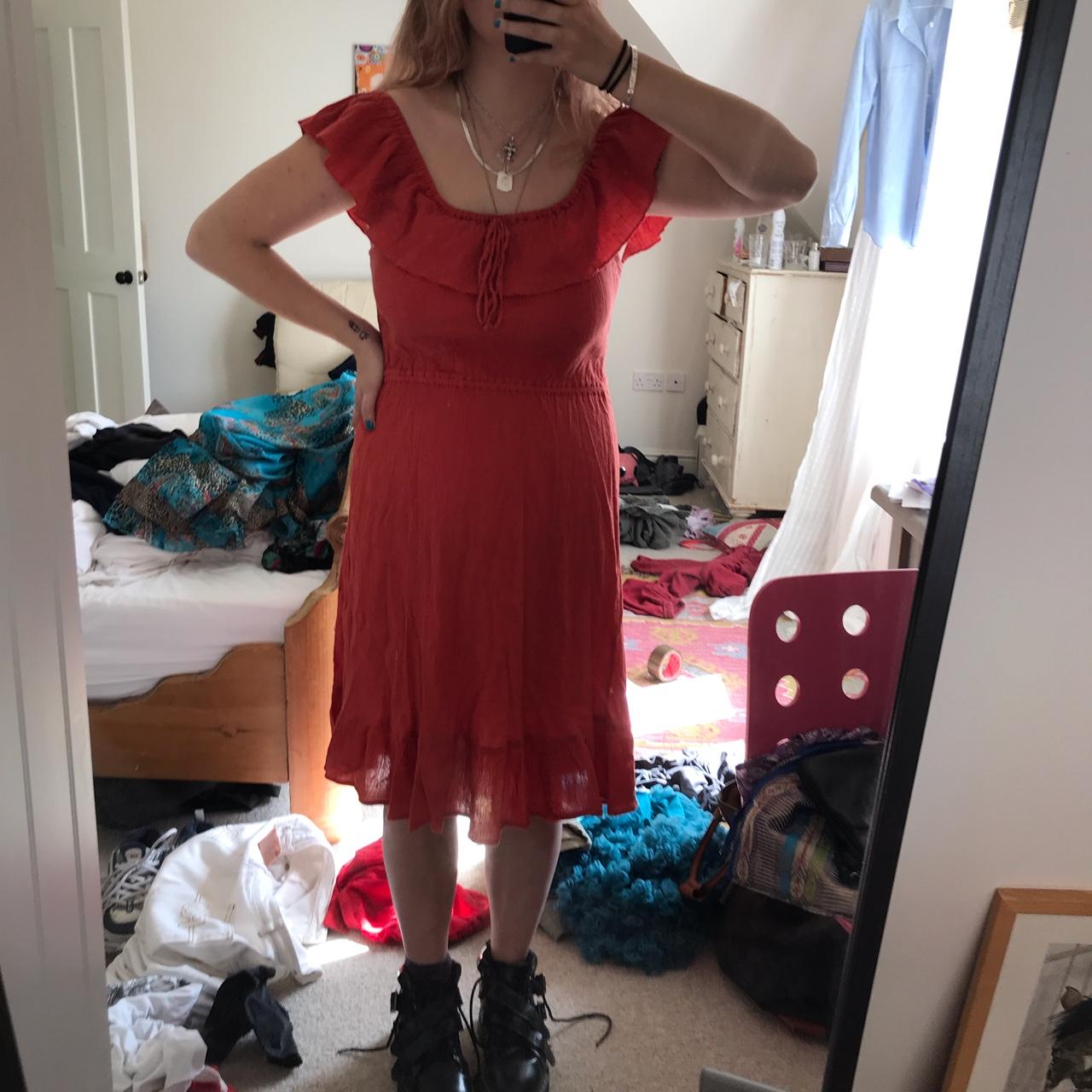 Vintage off the shoulder red midi dress - Depop