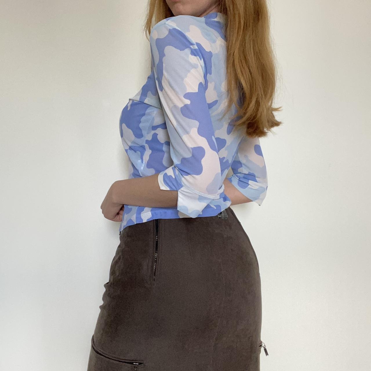 Vintage Bebe baby blue camo mesh shirt 3/4 sleeves... - Depop