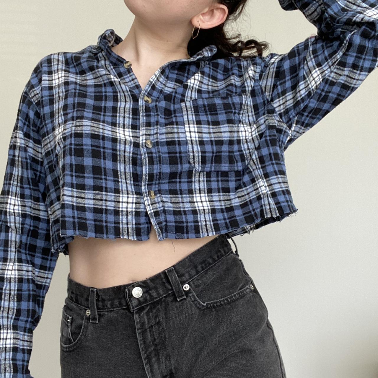 Super cute blue and black raw hem cropped flannel ... - Depop