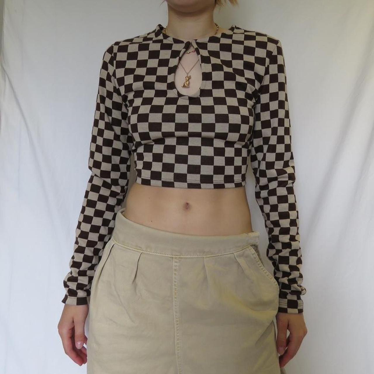 Brown And Cream Checkered Long Sleeve Crop Top Depop