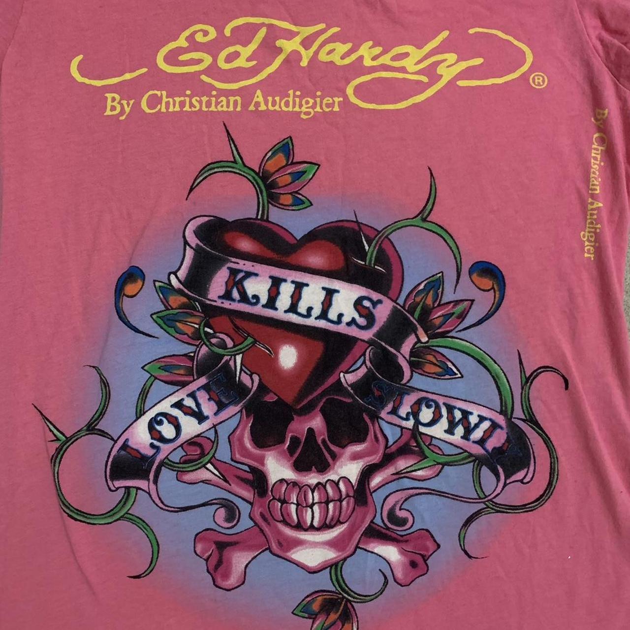 vintage pink ed hardy tee size medium - Depop