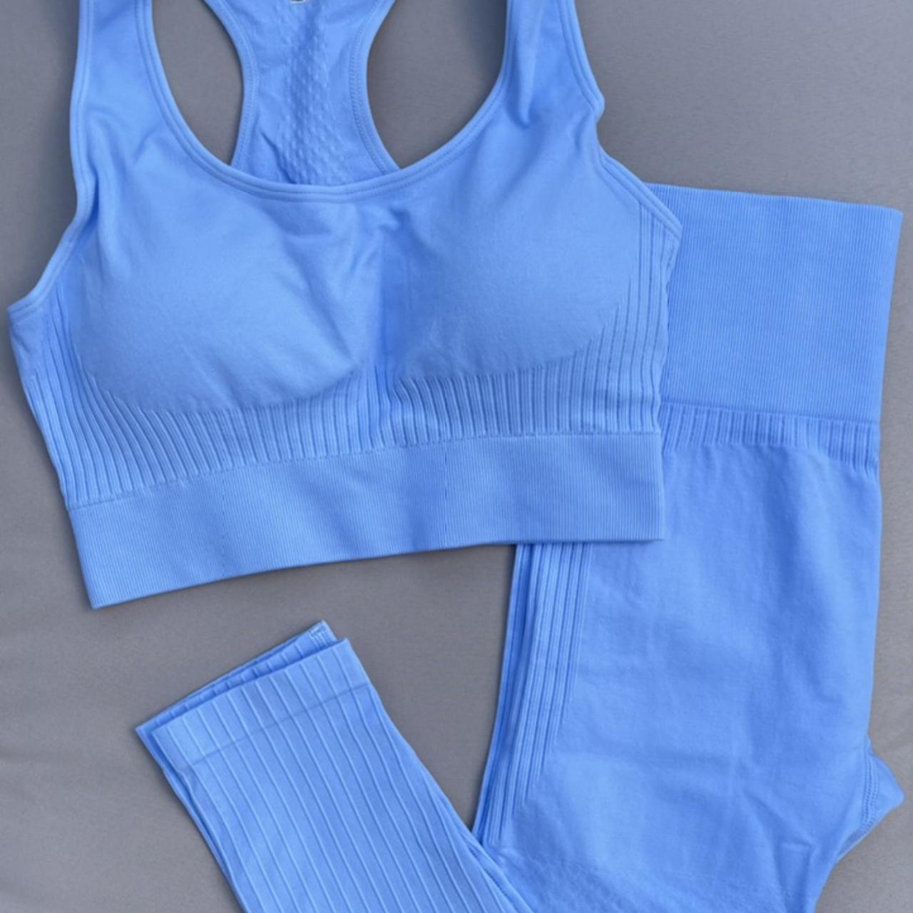 Baby blue work out set Bra and leggings 90%... - Depop