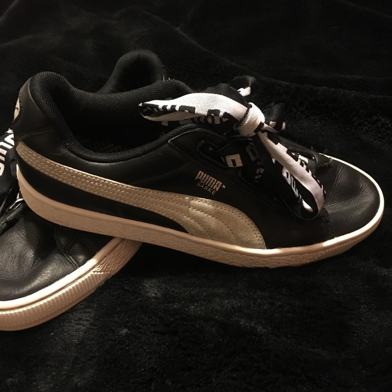Black and white Puma basket trainers with ribbon... - Depop