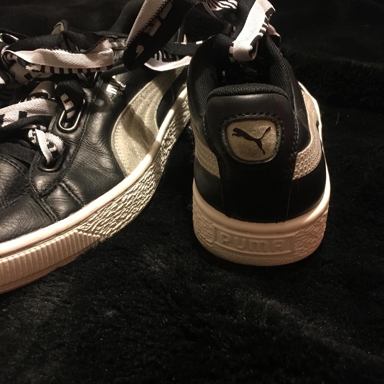 Black and white Puma basket trainers with ribbon... - Depop
