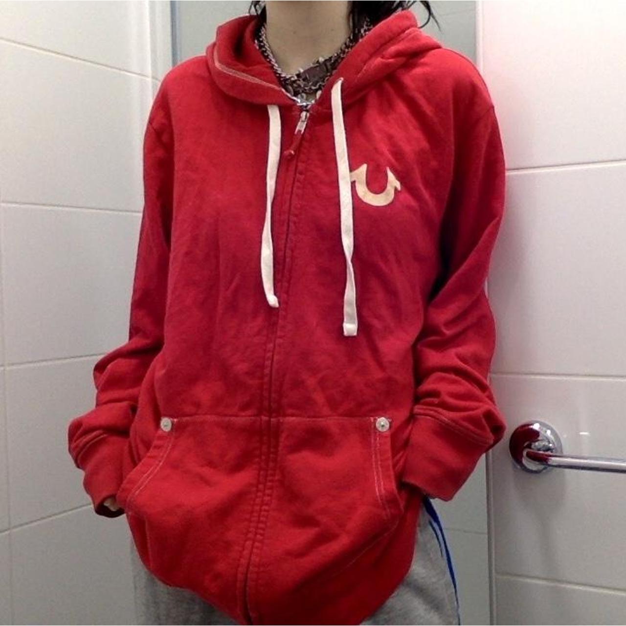 Oversized red true religion hoodie Size 2XL shown... - Depop