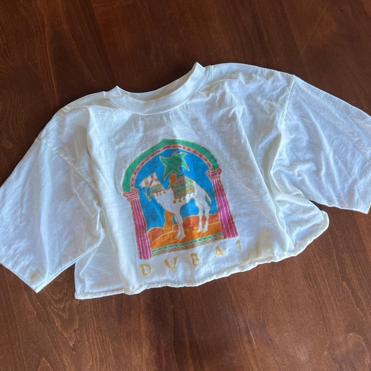 Vintage style boxy white crop top with vibrant front... - Depop