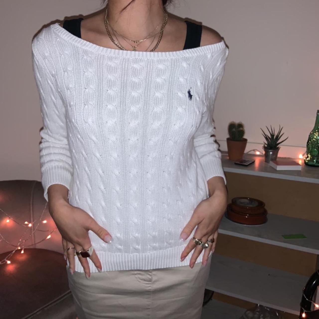Off the shoulder polo sport cable knit jumper, in... - Depop