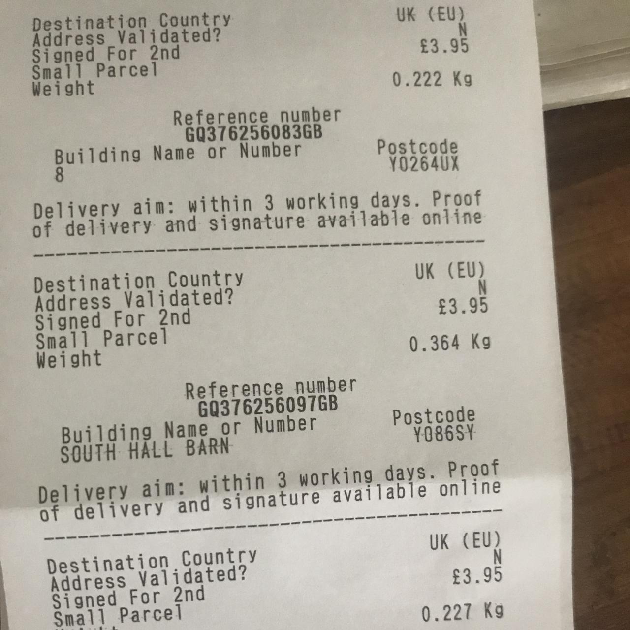 Postage receipt and tracking numbers | Depop