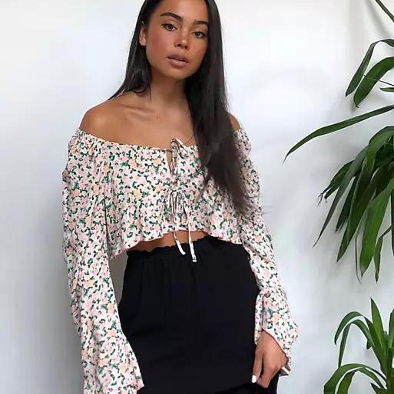 Reclaimed vintage off the shoulder floral crop... - Depop