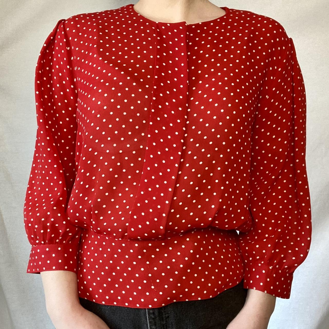 80s Red Polka Dot Blouse 34 Length Sleeves Depop