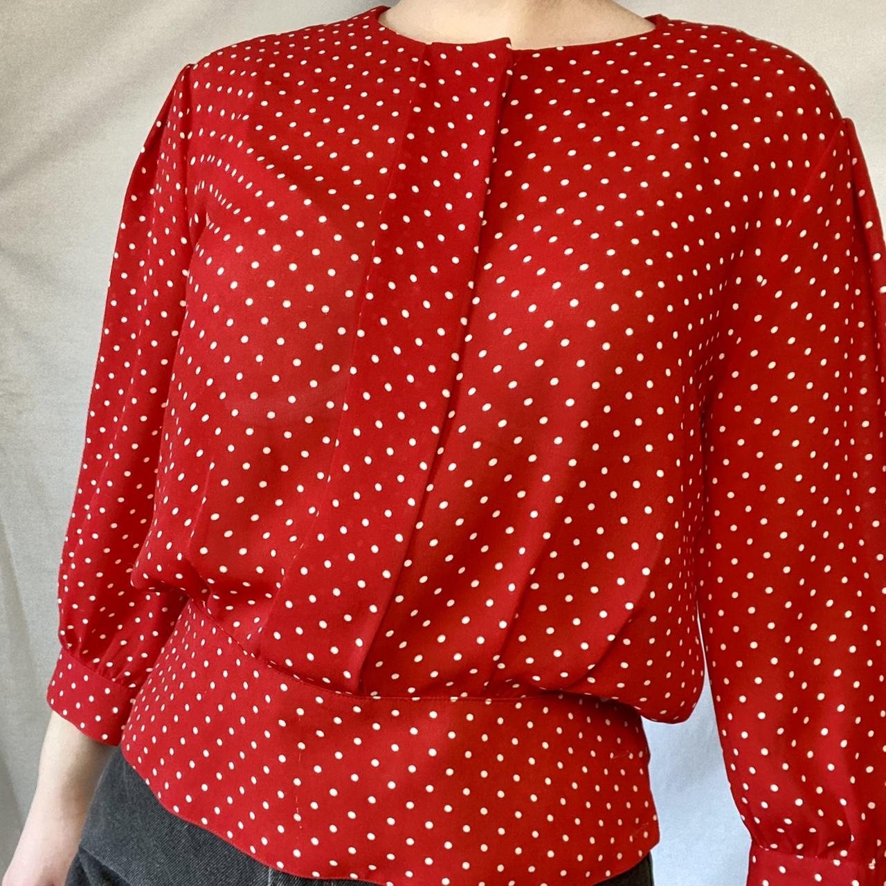 80s Red Polka Dot Blouse 34 Length Sleeves Depop