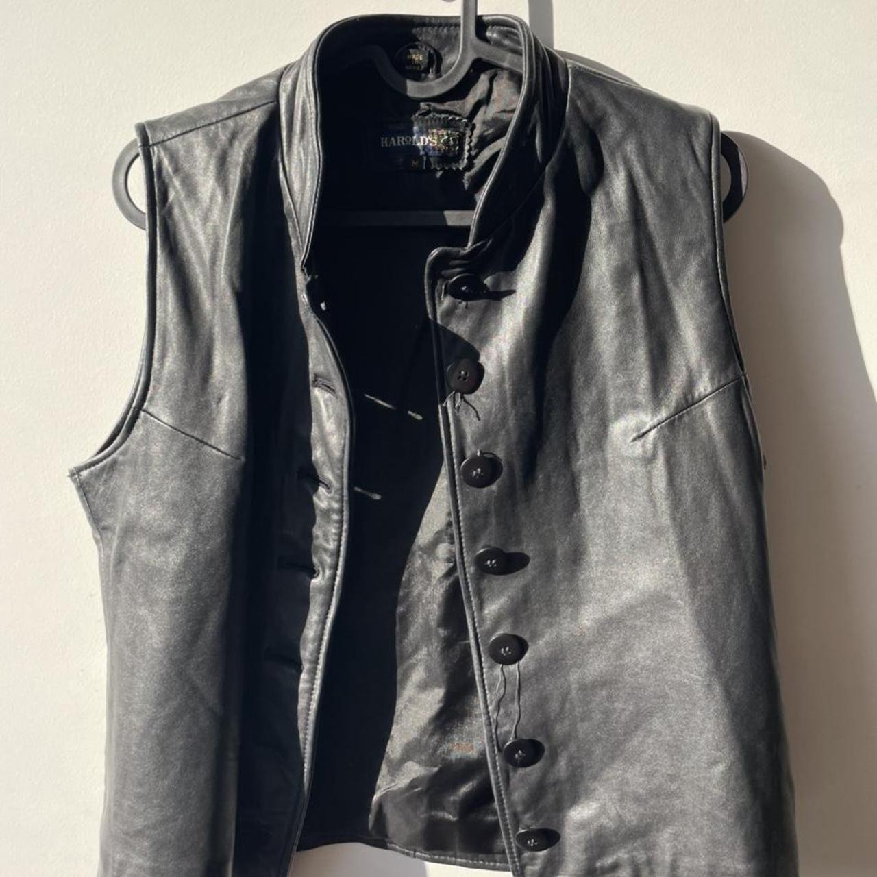 Vintage black leather vest. Buttons up with a... - Depop